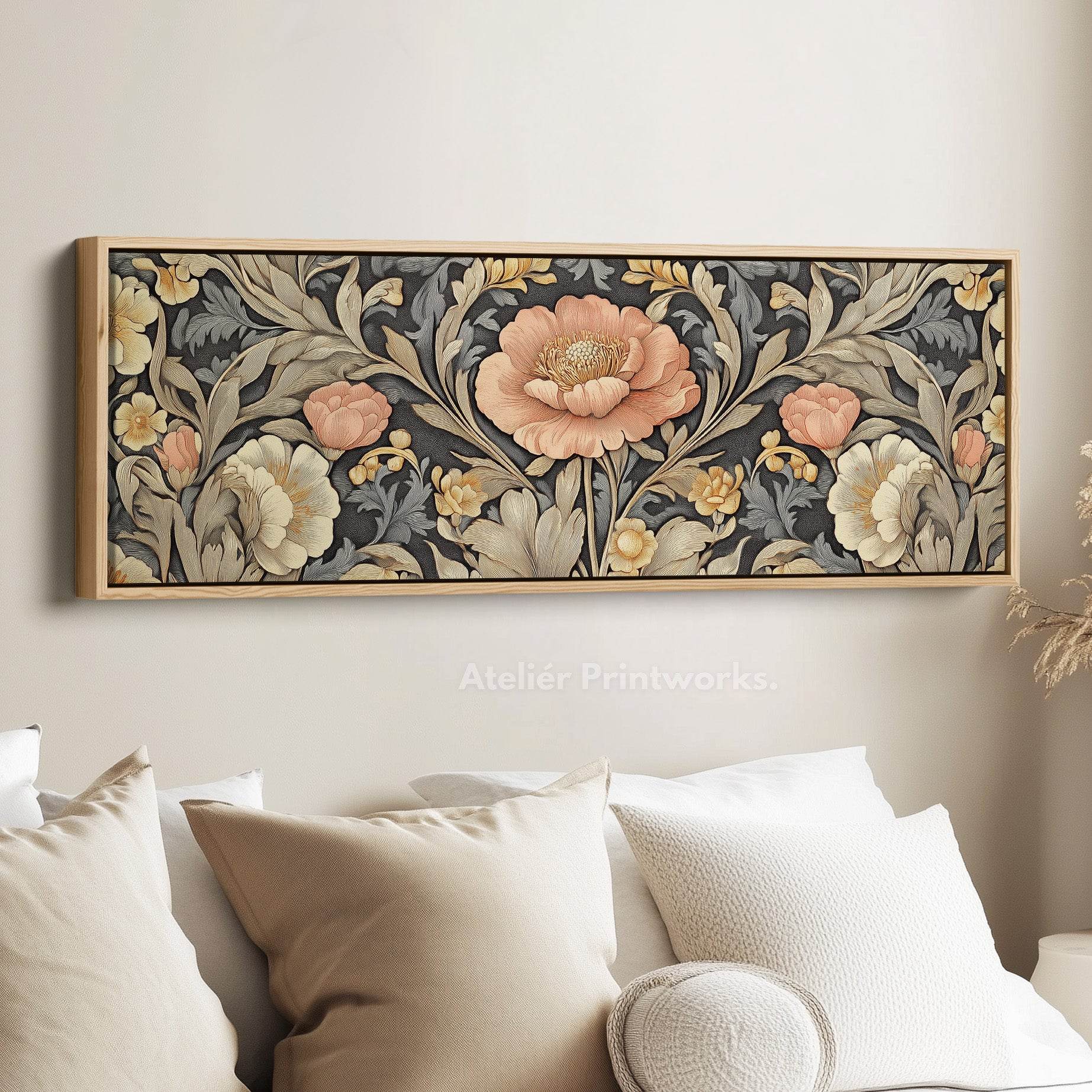 Vintage Floral Pattern Large Framed Canvas Long Narrow Horizontal Wall ...