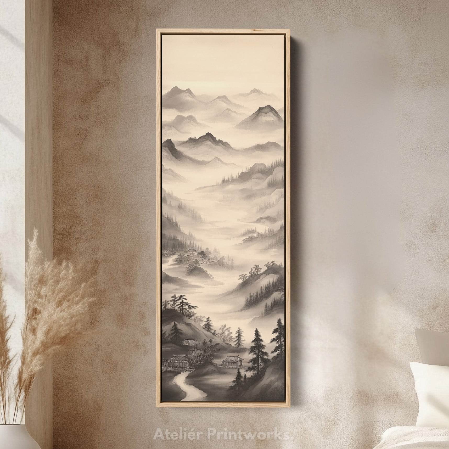 Vertical Chinese Landscape Painting Long Framed Canvas Decor – Atelier ...