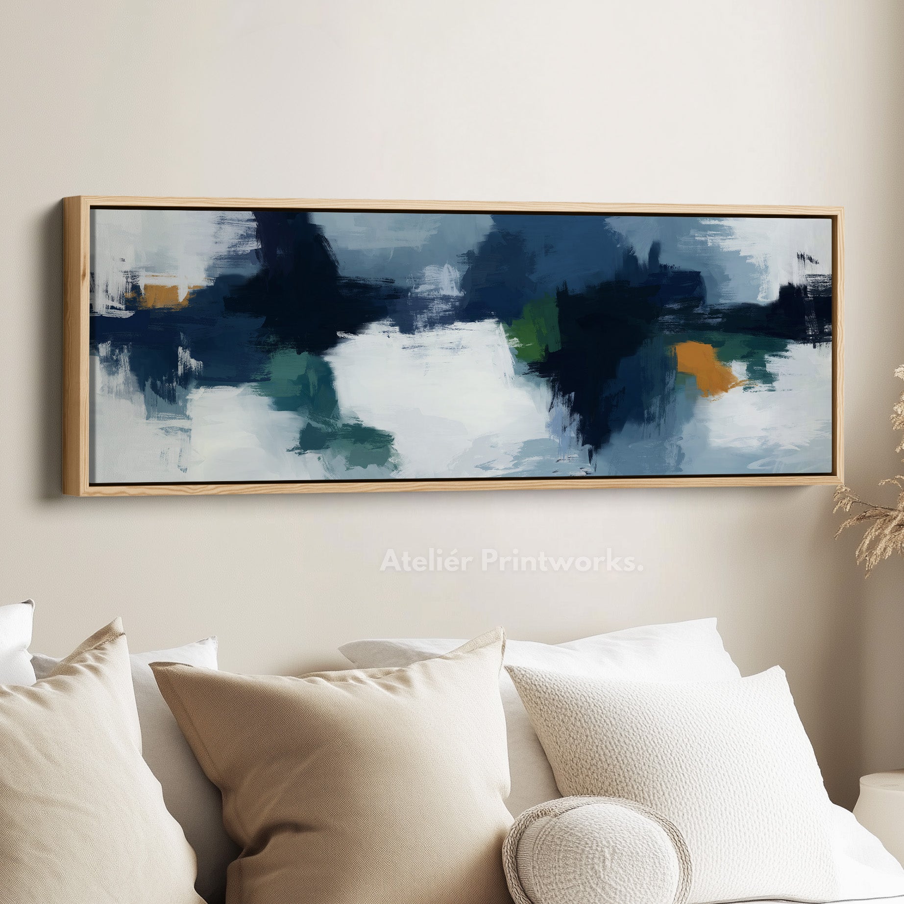 Wide Moody Deep Blue Abstract Canvas Wall Art for Living Room – Atelier ...
