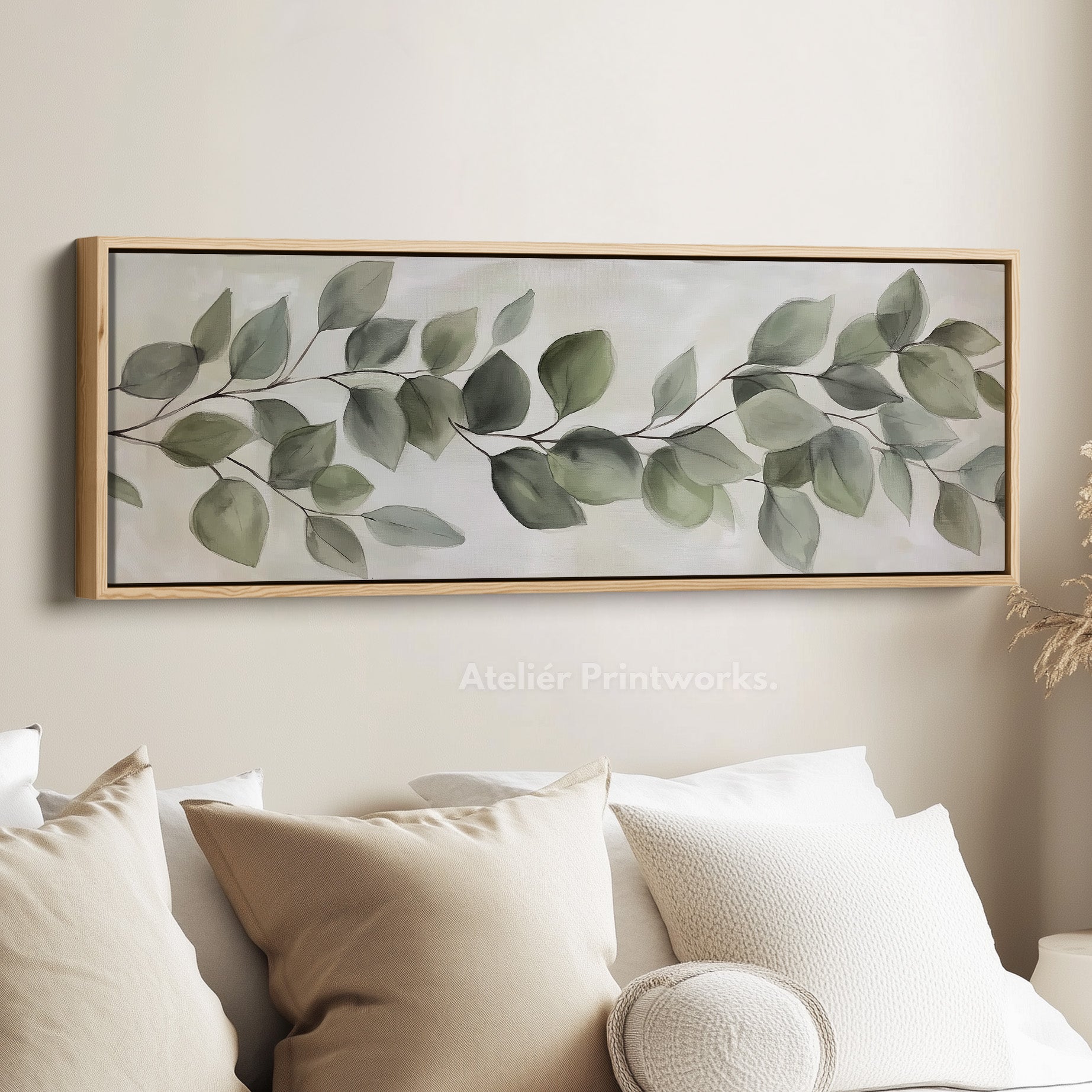 Horizontal Botanical Leaf Wall Art Long Canvas For Kitchen Or Hallway ...
