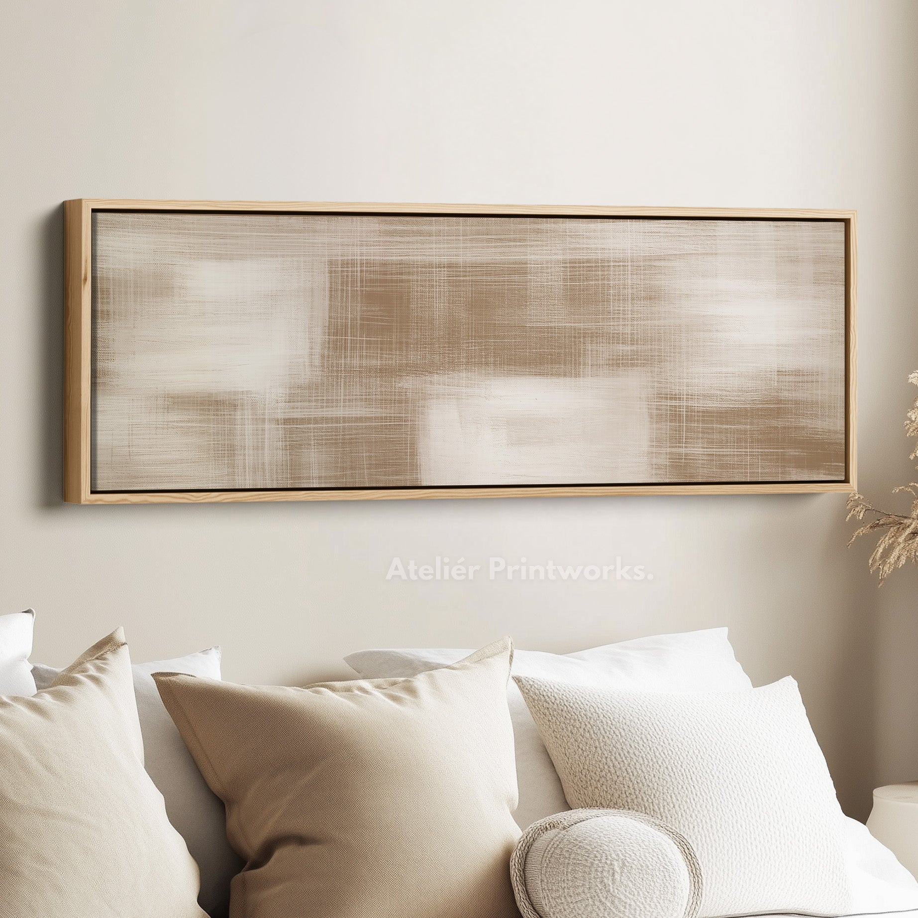 Neutral Abstract Wide Wall Art Long Framed Canvas For Calm Living Spac ...