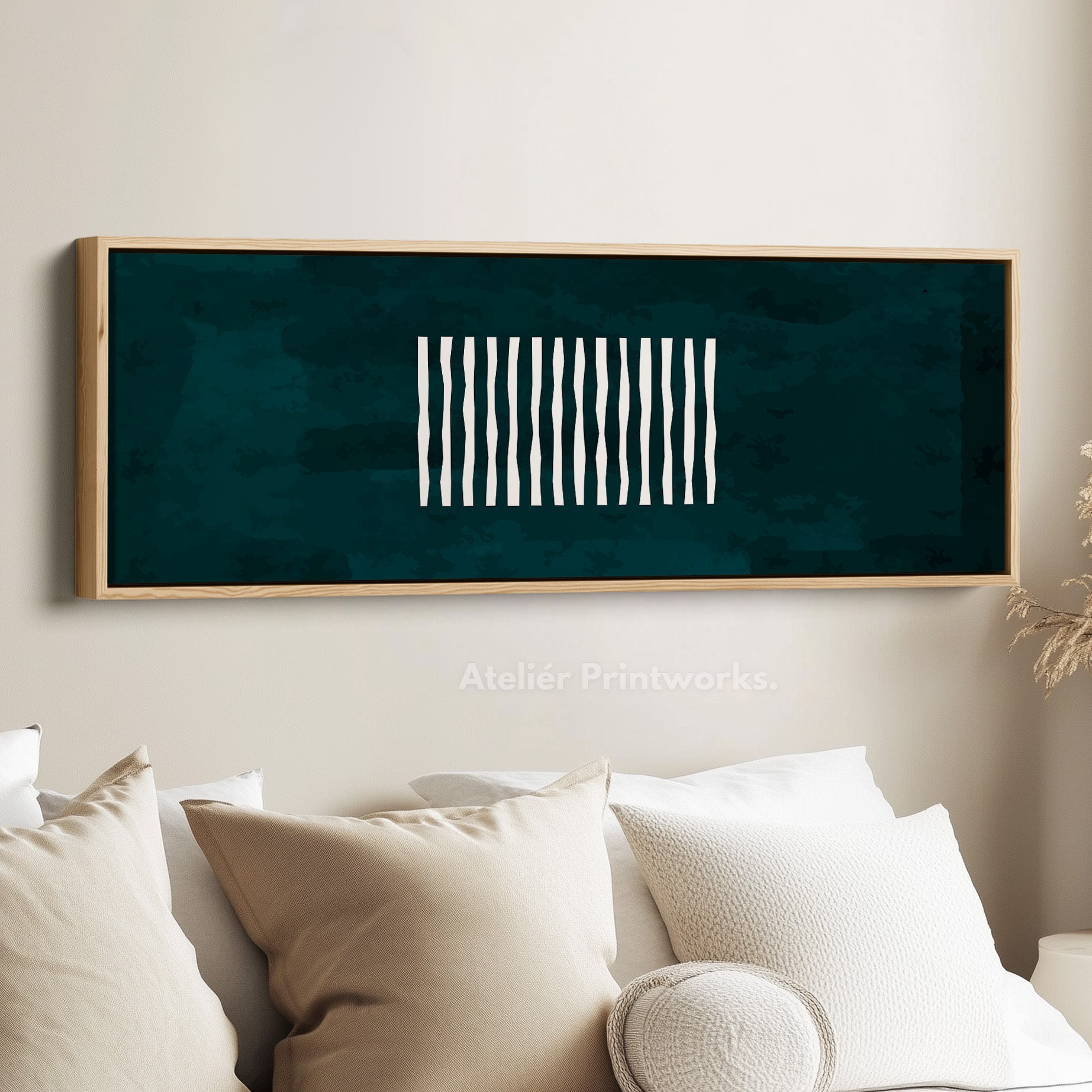 Wide Wall Art Deep Green Abstract Lines For Modern Living Room ...