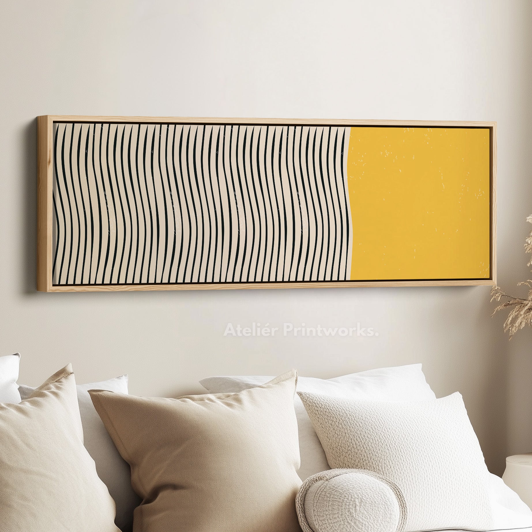 Long Framed Canvas Yellow And Black Wavy Line Wall Art For Bedroom ...
