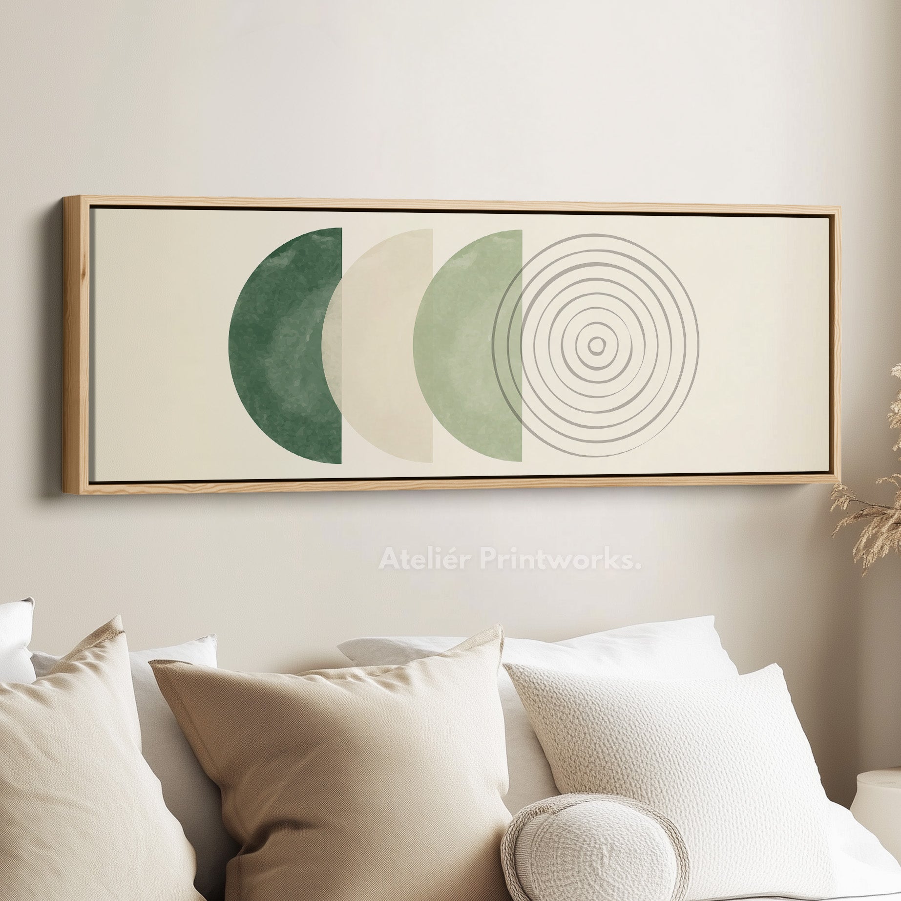 Long Narrow Canvas Neutral Green Circles For Bedroom Or Living Room ...